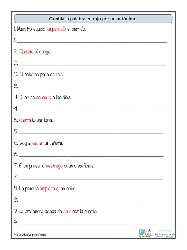 Ejercicios de Antónimos y Oraciones | PDF