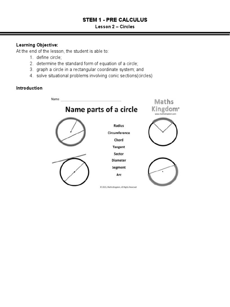 Stem 1 - Pre Calculus: Lesson 2 - Circles | PDF | Circle | Tangent