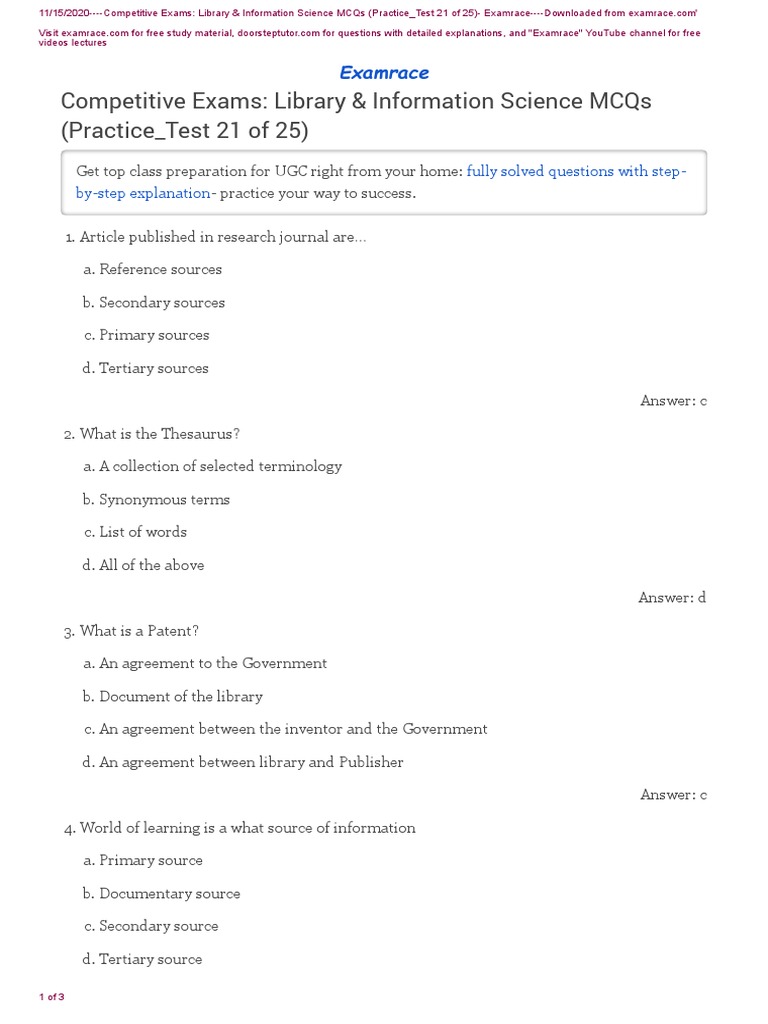 Library Information Science MCQs Practice Test 21 | PDF | Libraries ...