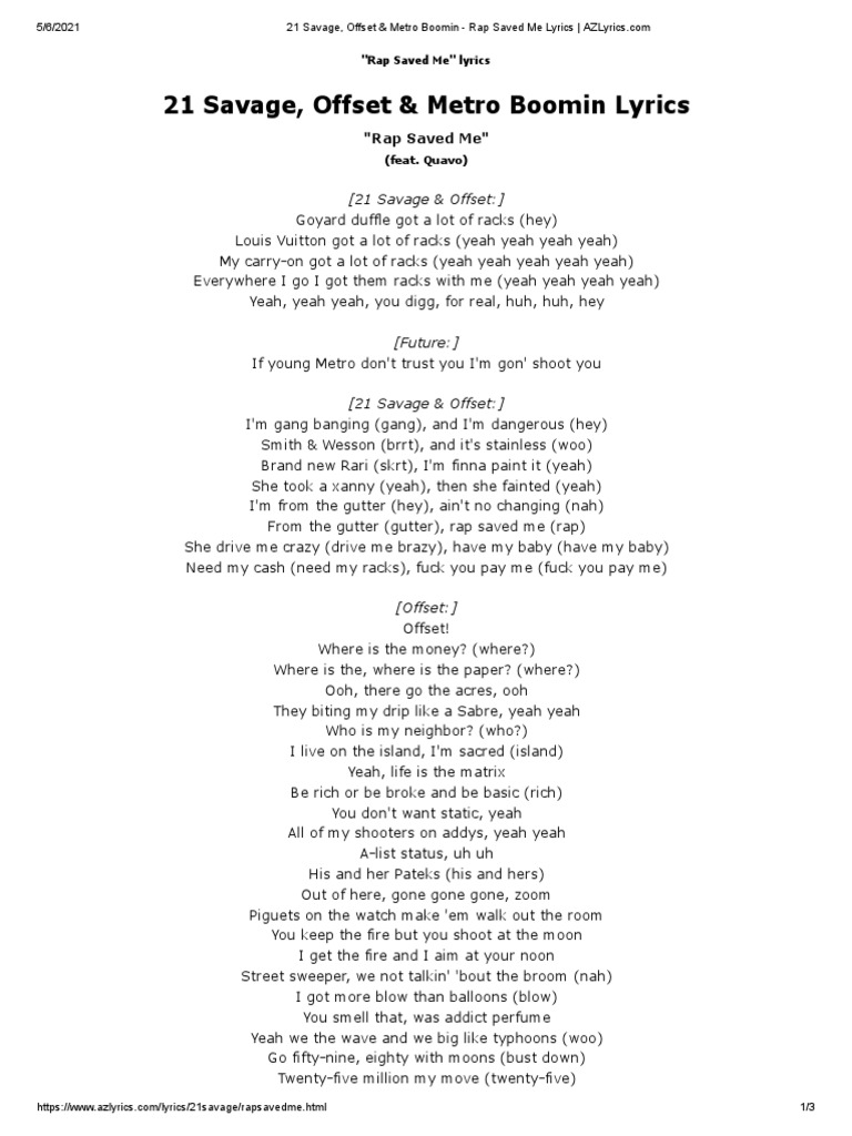 21 Savage, Offset & Metro Boomin - Rap Saved Me Lyrics | PDF | Hip Hop