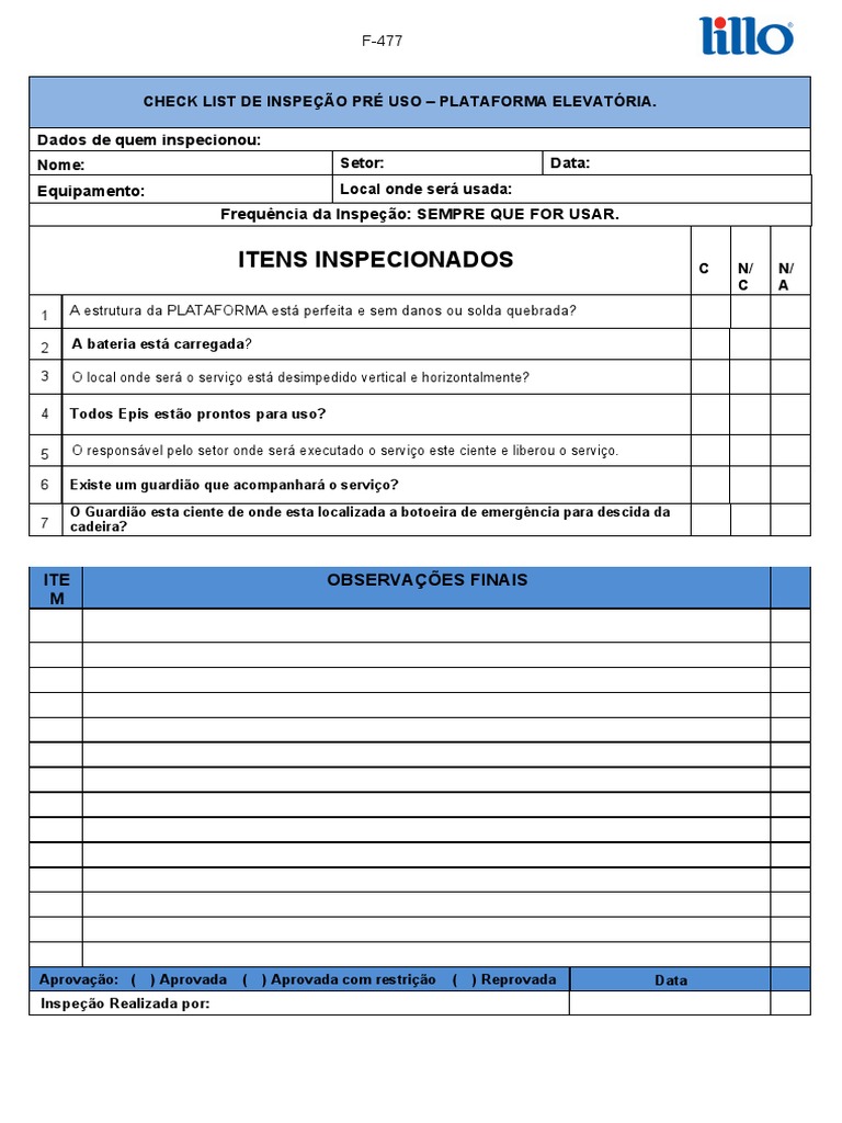 CHECK LIST PLATAFORMA ELEVATÓRIA PRÉ-USO (Sempre Que Usar) | PDF