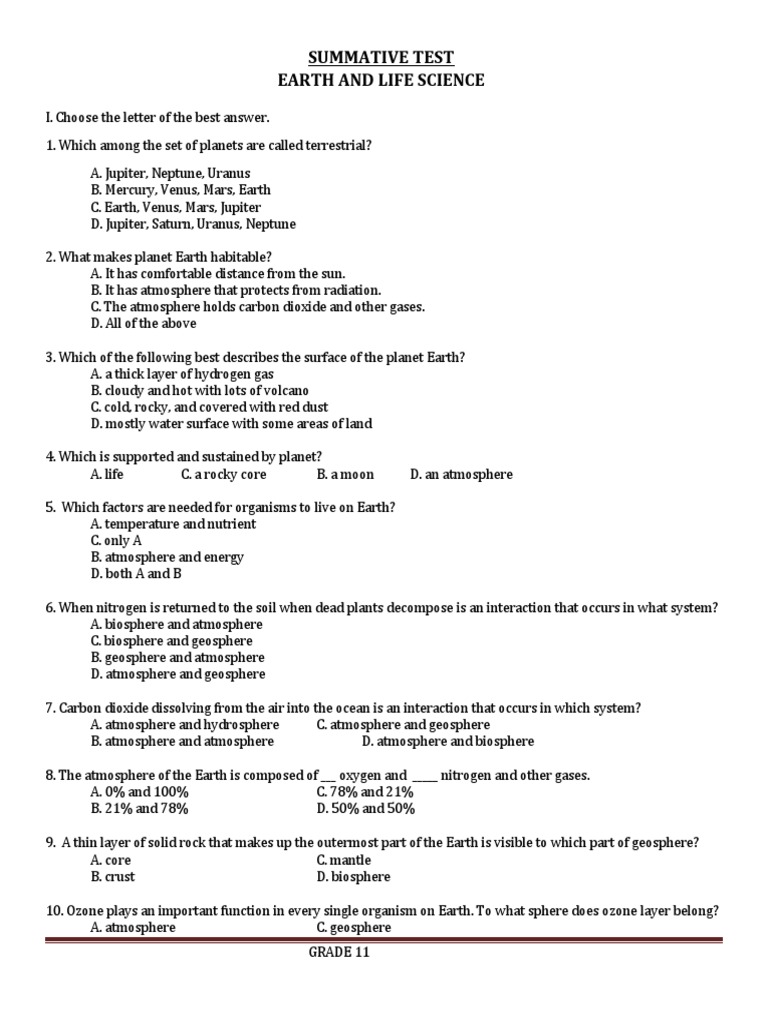 Earth and Life Science Summative Test | PDF | Atmosphere | Earth