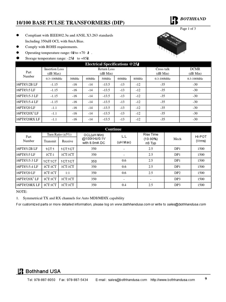 Datasheet 10/100 BASE PULSE TRANSFORMERS (DIP) - Boothhand | PDF ...