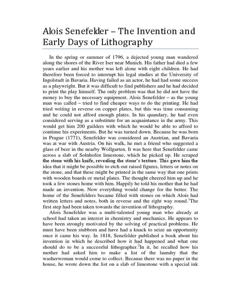 Alois Senefelder - The Invention and Early Days of Lithography | PDF ...