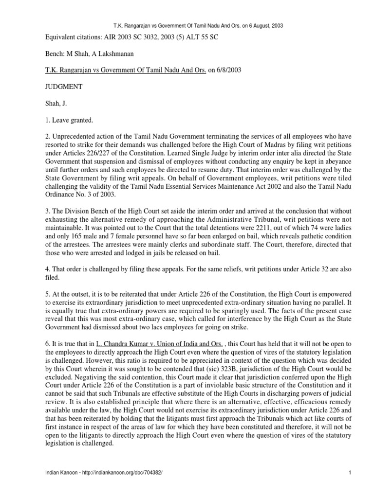 T.K. Rangarajan Vs Government of Tamil Nadu and Ors. On 6 August, 2003 ...