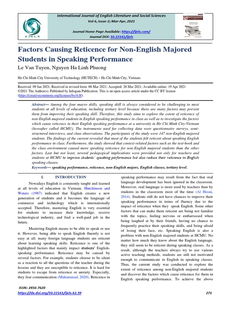 Factors Causing Reticence For Non-English Majored Students in Speaking ...