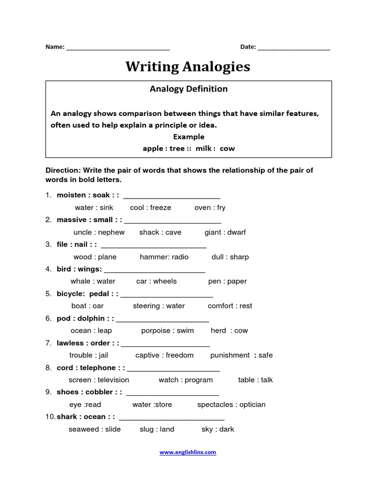 Writing Analogies Worksheet | PDF