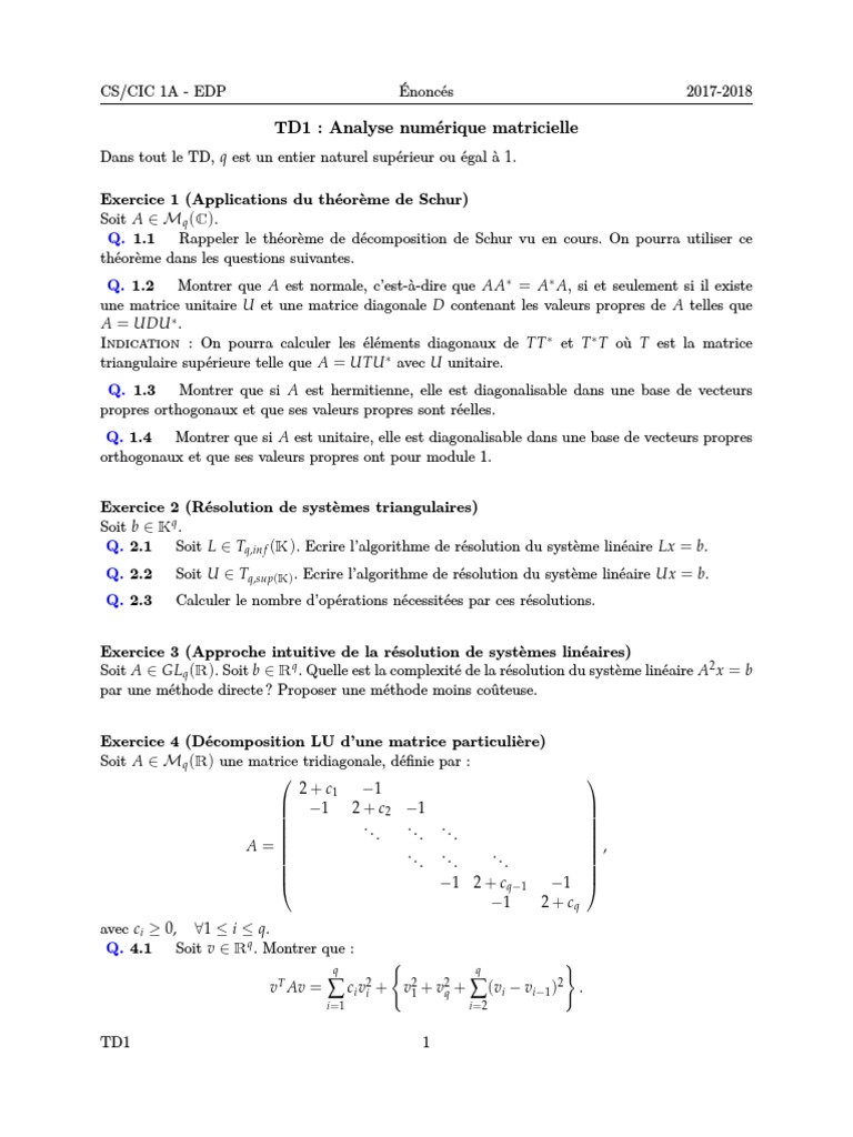 TD1: Analyse Numérique Matricielle: A A, Si Et Seulement Si Il Existe A UDU T Où T Est La ...
