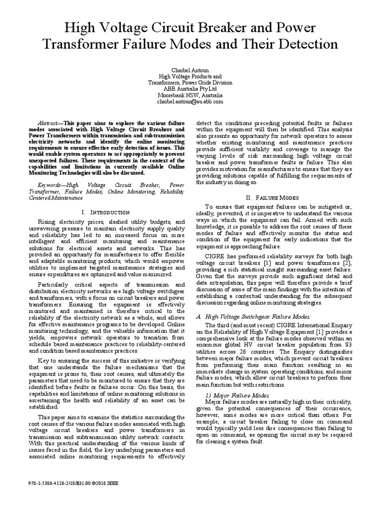 High Voltage Circuit Breaker and Power Transformer Failure Modes and ...