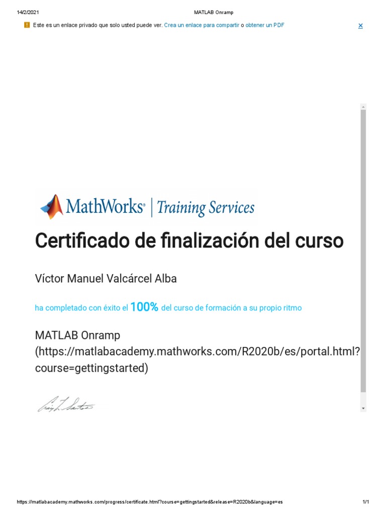 Certificado Completo MATLAB Onramp | PDF