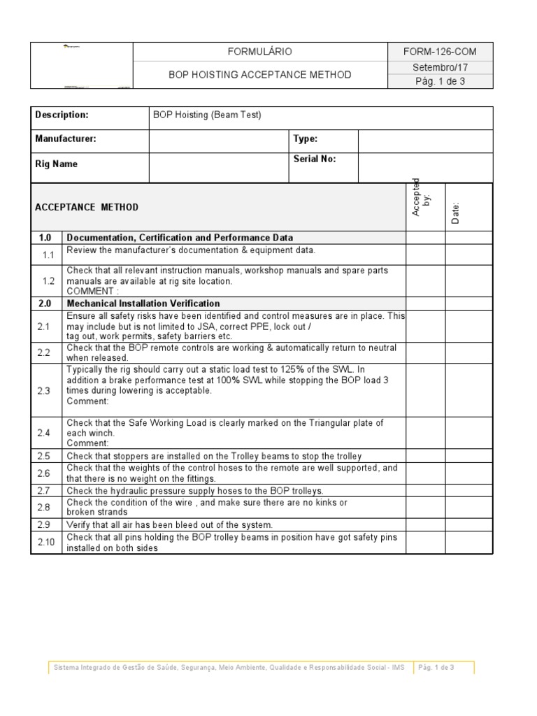 BOP Hoisting Acceptance Guide | PDF | Manufactured Goods | Equipment