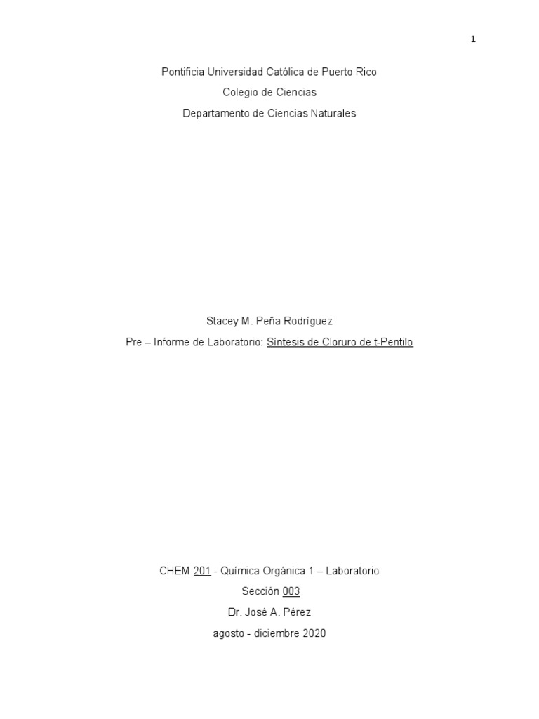 Pre - Informe de Laboratorio - Sintesis de Cloruro de T-Pentilo | PDF ...