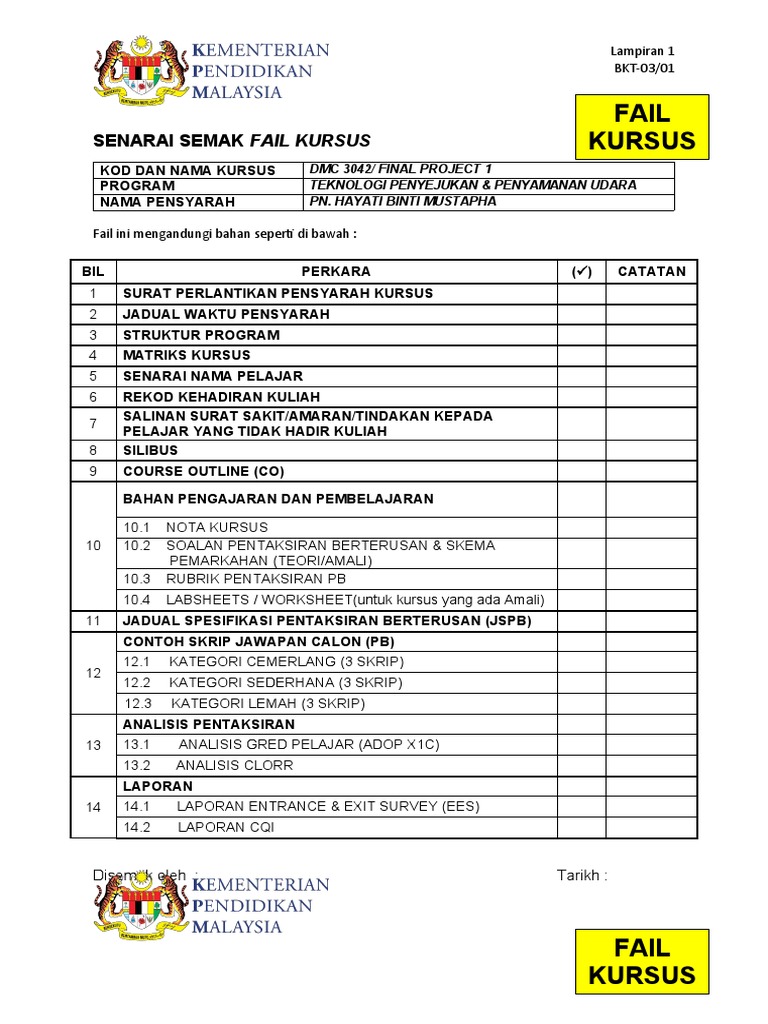 Senarai Semak Fail Kursus 2020 | PDF