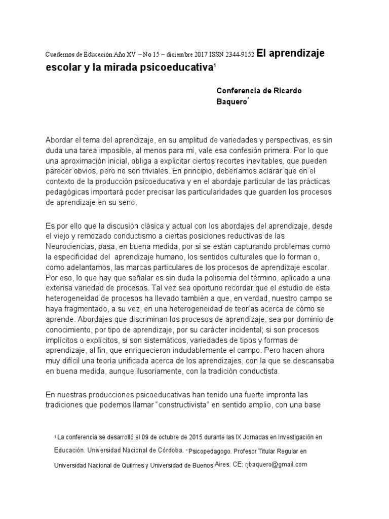 Baquero - El Aprendizaje Escolar y La Mirada Psicoeducativa | PDF | Evolución | Sicología