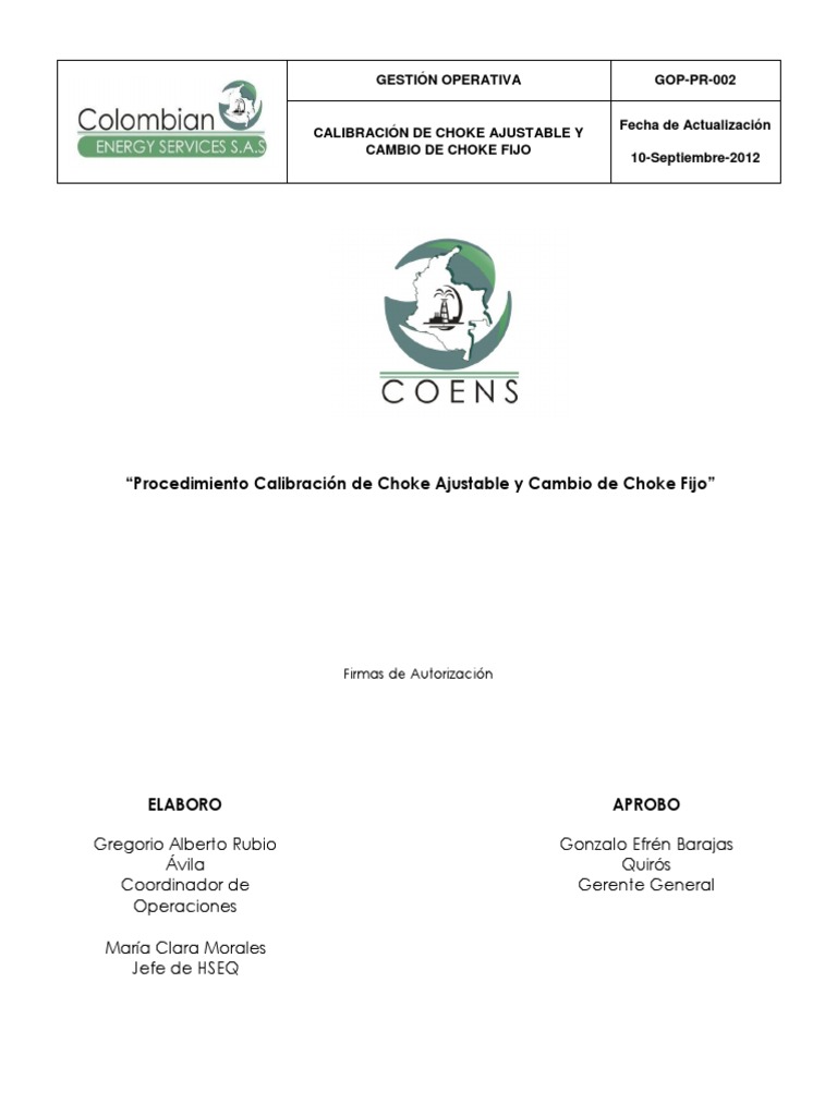 GOP - PR - 002 Procedimiento para Calibracion de Choke Ajustable y Cambio de Choke Fijo | PDF ...