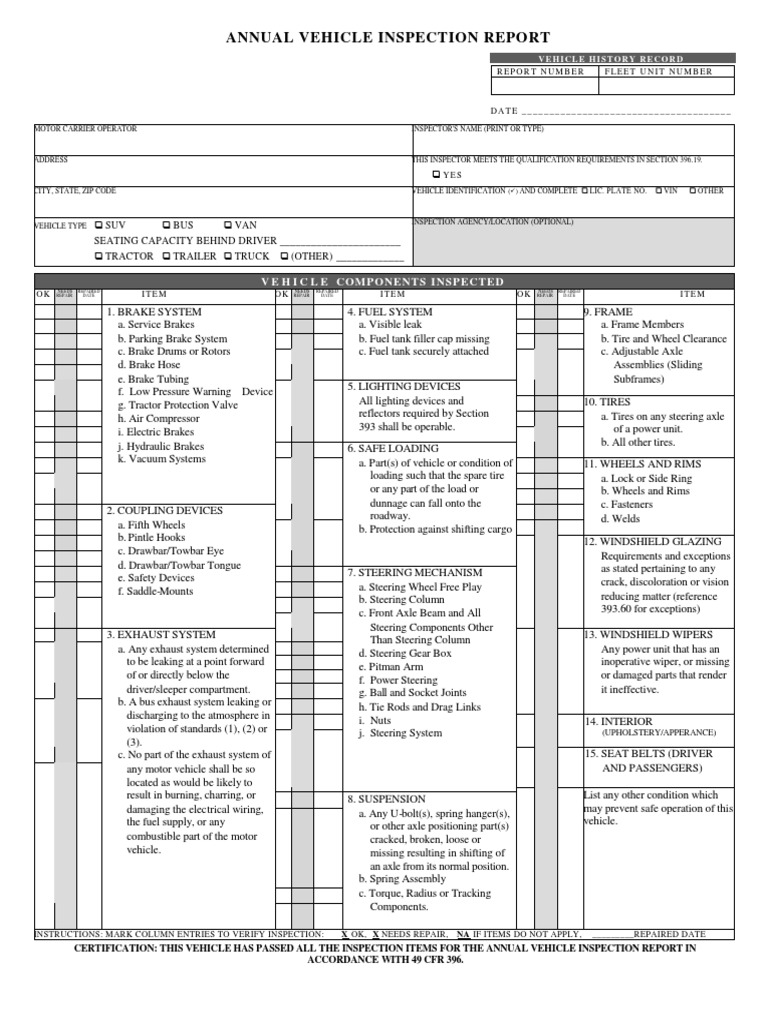 Annual Vehicle Inspection Report Template | PDF | Brake | Steering