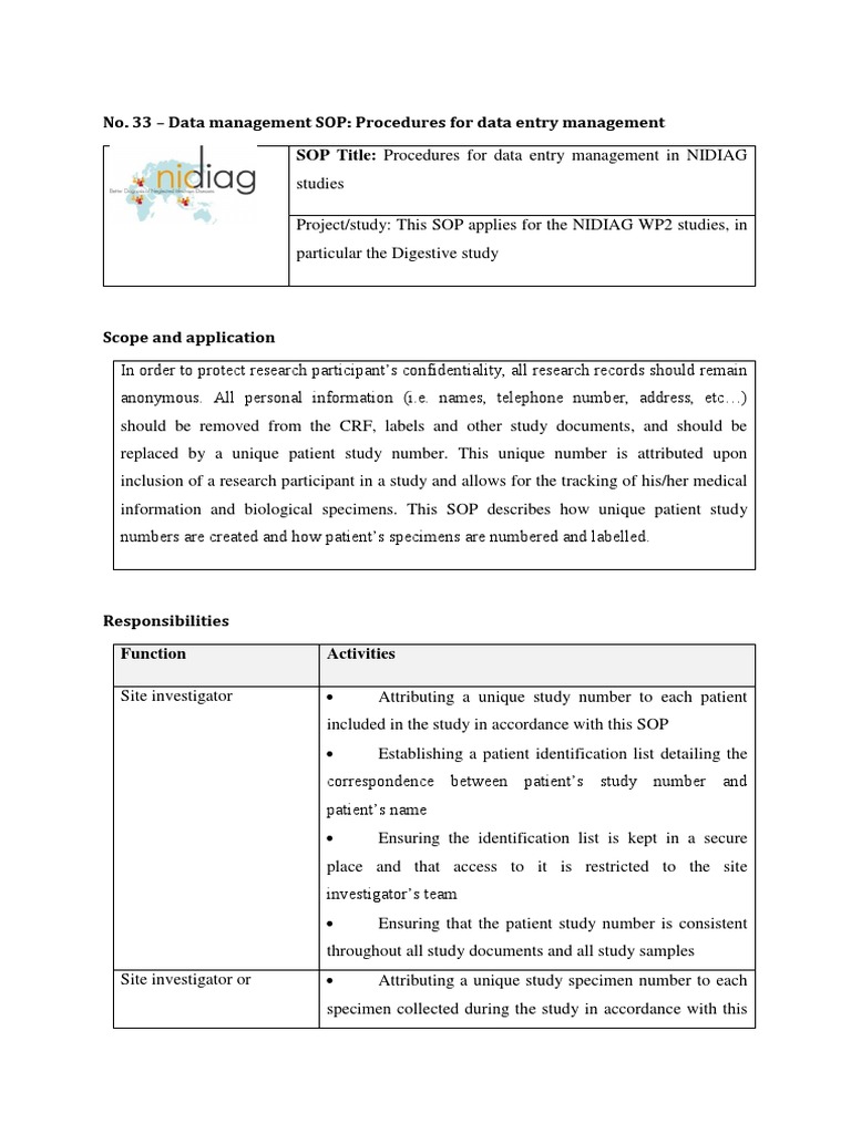 No. 33 - Data Management SOP: Procedures For Data Entry Management SOP ...