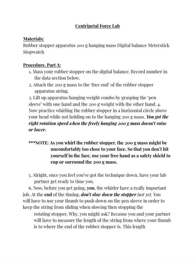 Centripetal Force Lab | PDF | Mass | Speed
