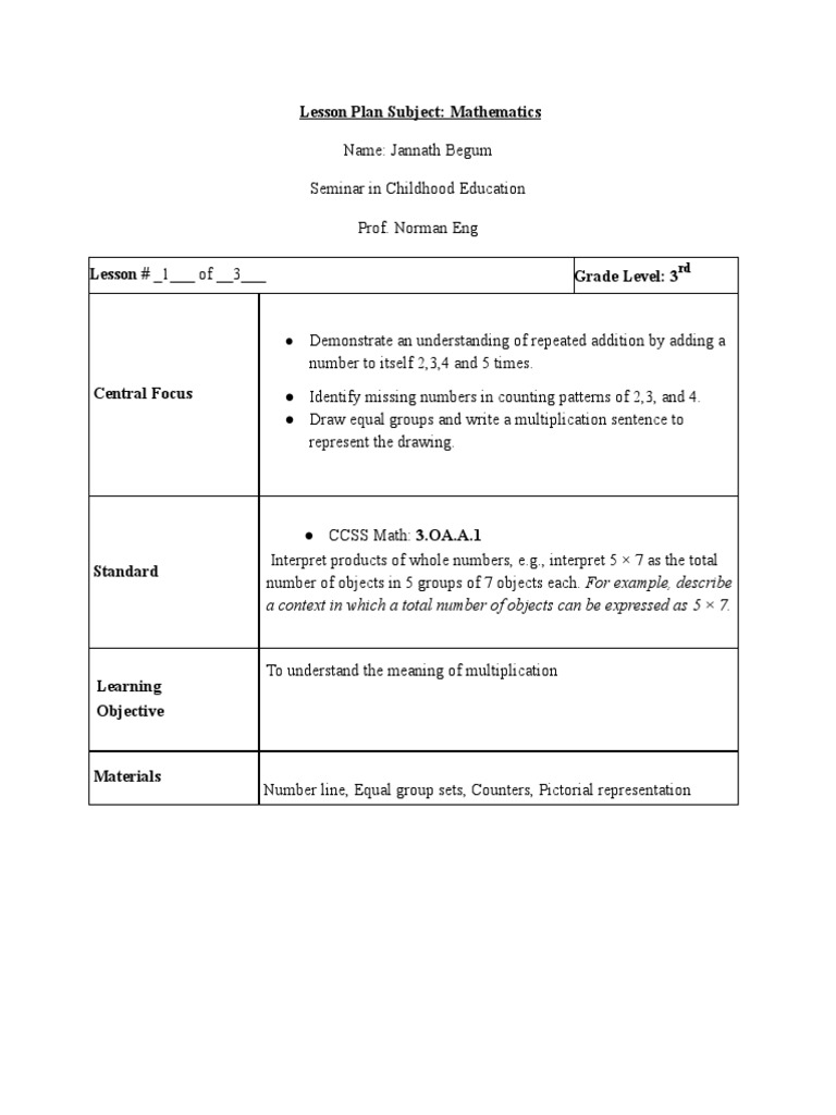 Lesson Plan Mathematics | PDF | Multiplication | Differentiated Instruction