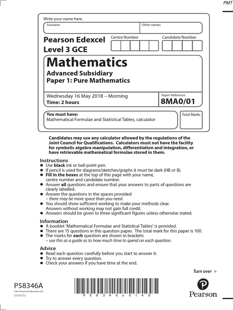 June 2018 QP - Paper 1 Edexcel Maths AS-level | PDF | Teaching Mathematics | Mathematical Analysis