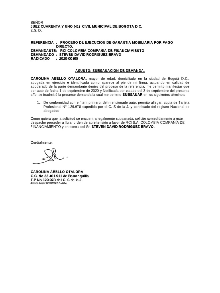 Subsanación de Demanda por Carolina Abello | PDF | Derecho