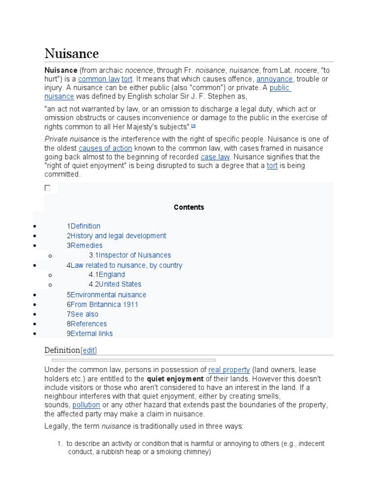 Nuisance: Common Law Tort Annoyance Public Nuisance | PDF | Nuisance ...