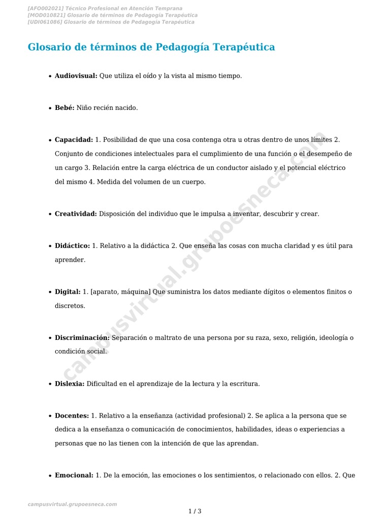 Glosario de T+®rminos de Pedagog+¡a Terap+®utica | PDF | Aprendizaje | Inteligencia