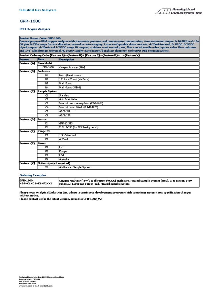 GPR-1600 PPM Oxygen Analyzer Overview | PDF | Valve | Power Supply