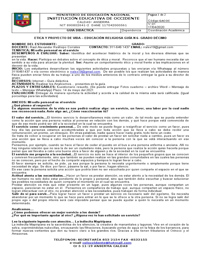 GUIA DIDACTICA 6 ETICA_RELIGIÓN_GRADO DECIMO | PDF