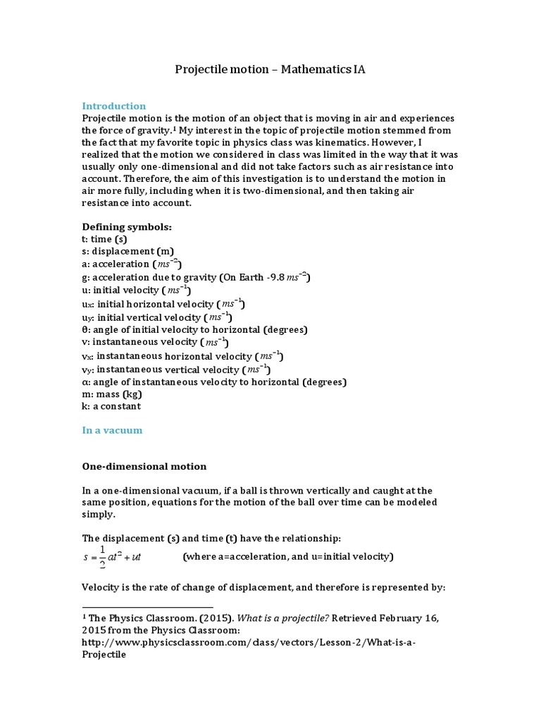 Projectile Motion - Mathematics IA: Defining Symbols | Download Free ...
