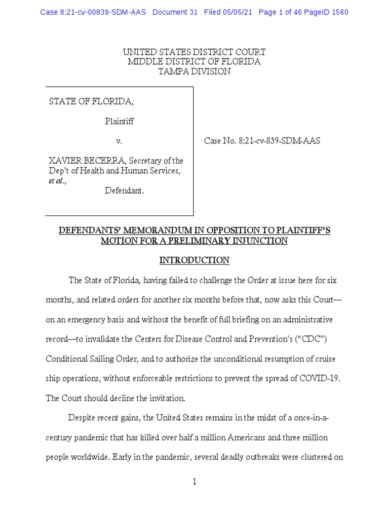 Et Al.,: Defendants' Memorandum in Opposition To Plaintiff'S Motion For A Preliminary Injunction ...