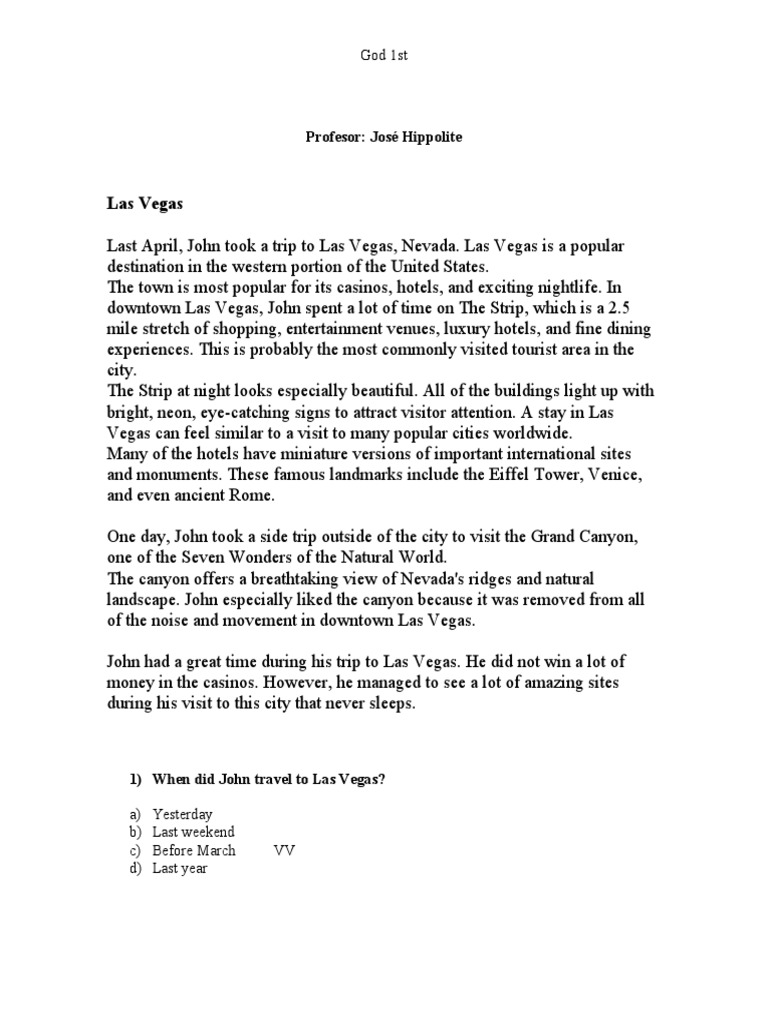 Evaluacion de Ingles 5to de Sec | PDF | Las Vegas | Las Vegas Strip Evaluacion de Ingles 5to de Sec | PDF | Las Vegas | Las Vegas Strip