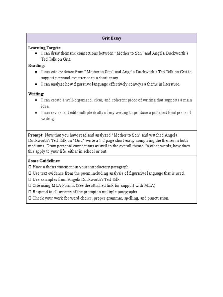 Grit Essay Learning Targets | PDF | Essays