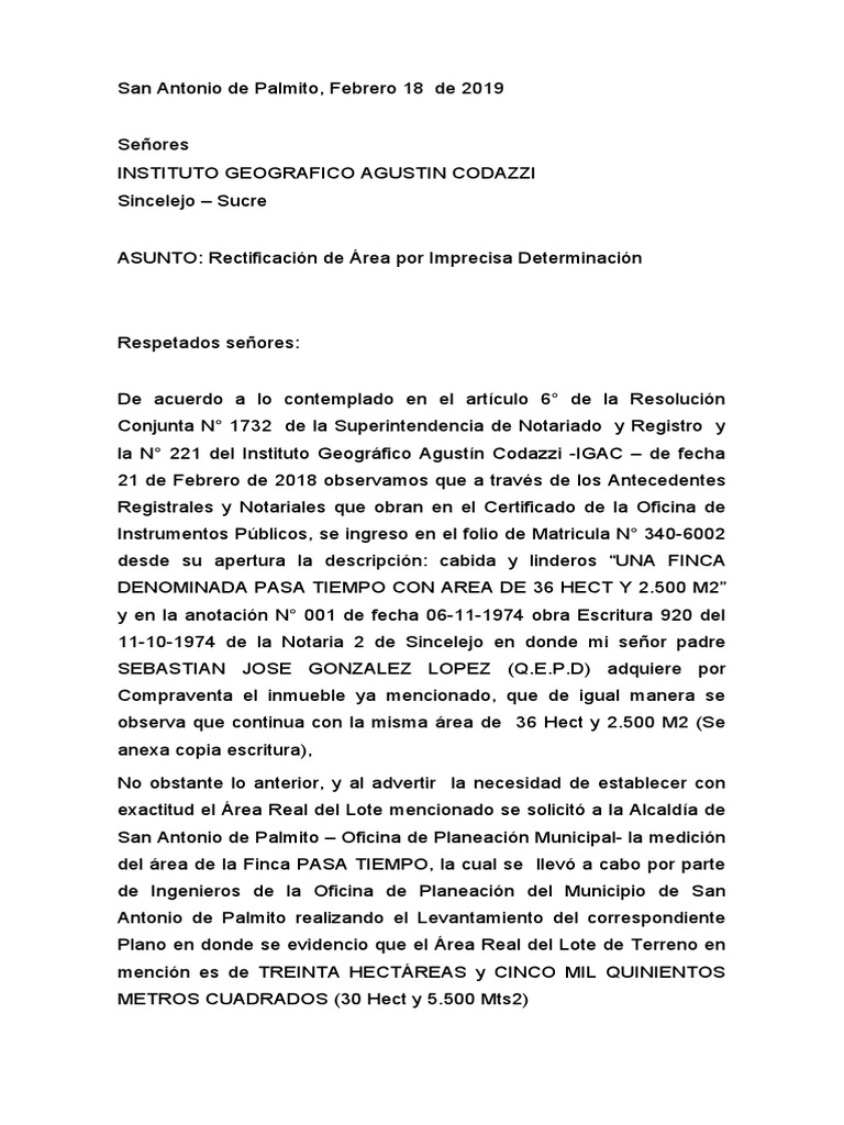 Solicitud Final Rectificacion Area Igac Lote Sebastian | PDF | Derecho Civil (Common Law)