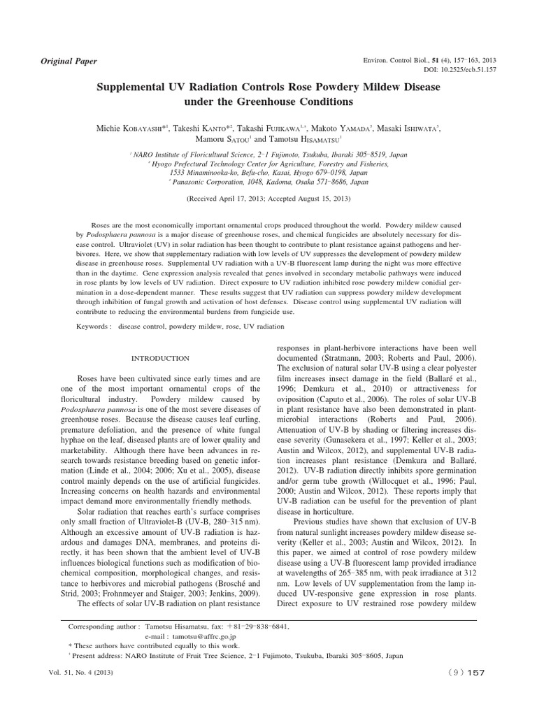 Supplemental UV Radiation Controls Rose Powdery Mildew Disease Under ...