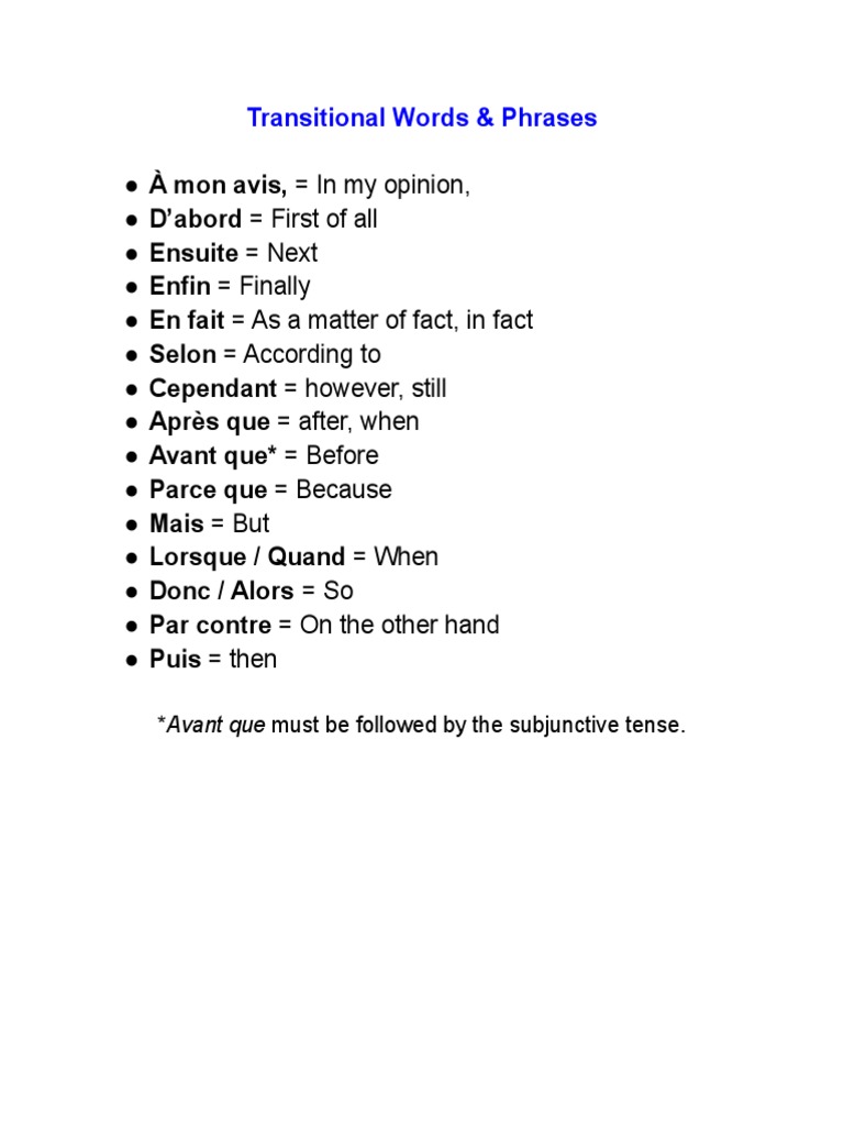 Transitional French Words Phrases Lesson 2 | PDF