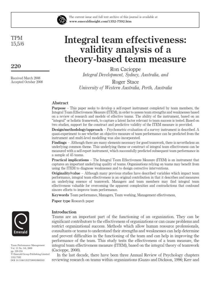 2009 - Team Performance Management - Integral Team Effectiveness ...