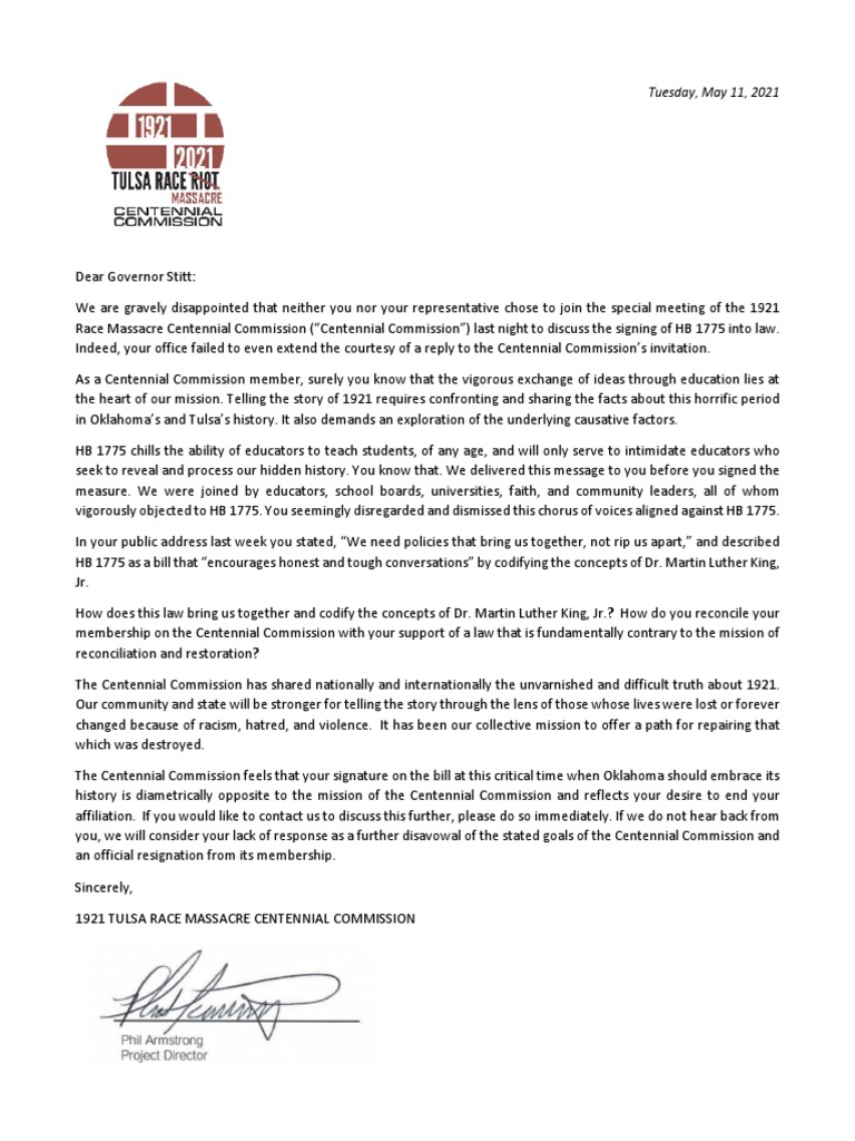 Tulsa Race Massacre Centennial Commission's Letter To Gov. Stitt | PDF