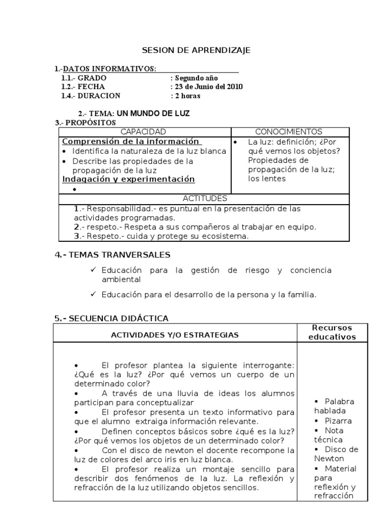 SESION DE APRENDIZAJE-La Luz | Ligero | Maestros