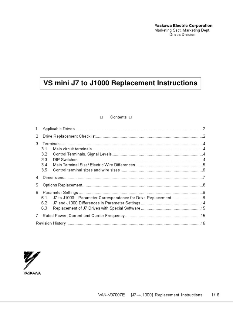 VS Mini J7 To J1000 Replacement Instructions: Yaskawa Electric Corporation | PDF | Power Supply ...