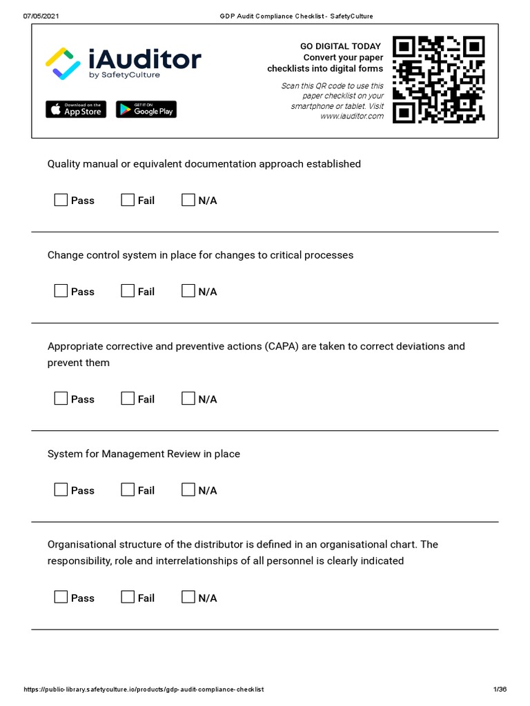 GDP Audit Compliance Checklist - SafetyCulture | PDF | Regulatory ...