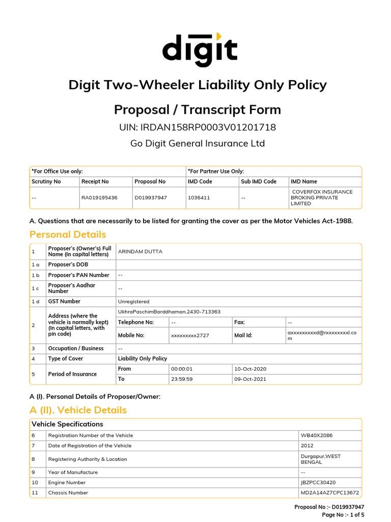 Digit Two-Wheeler Liability Only Policy: Proposal / Transcript Form ...