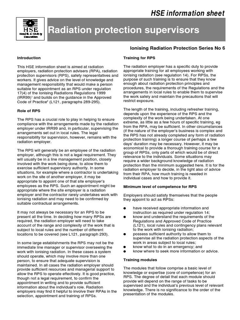 Radiation Protection Supervisors: HSE Information Sheet | Download Free ...