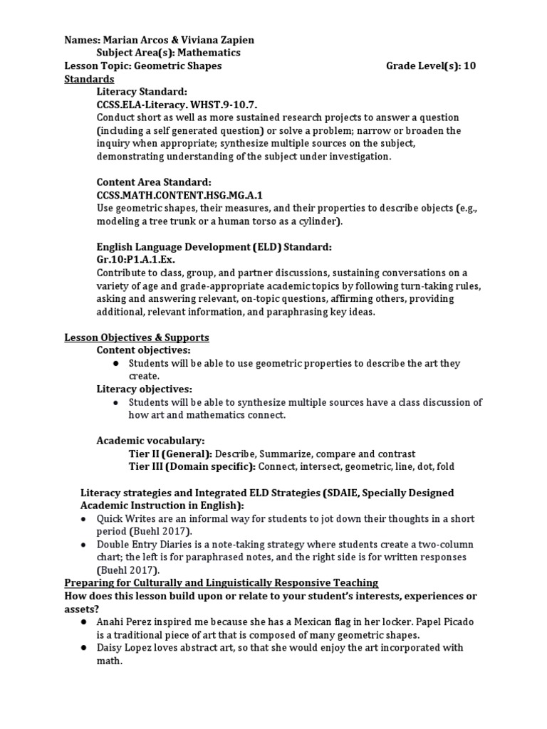 Geometric Shapes Lesson Plan 1 | PDF | Teachers | Question