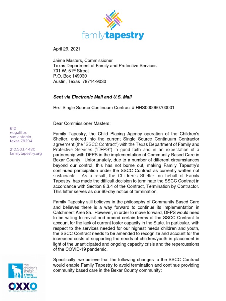 Dfps SSCC Contract Ltr. 4.29.2021 | PDF | Foster Care | Government