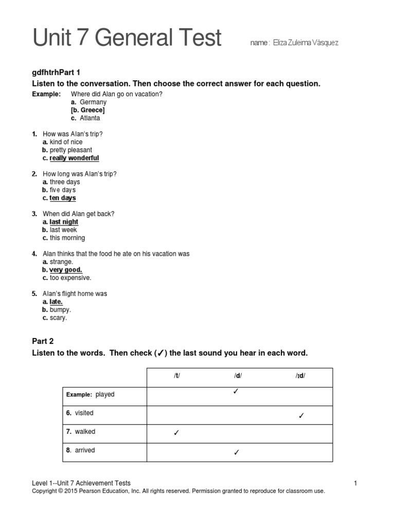 Top Notch 1 Unit 7 Assessment | PDF