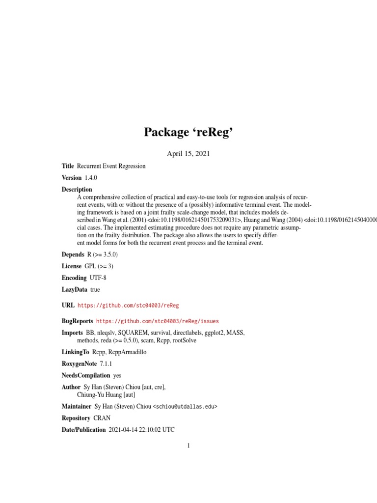 Regression Analysis of Recurrent Events: An Introduction to the reReg Package | PDF | Parameter ...