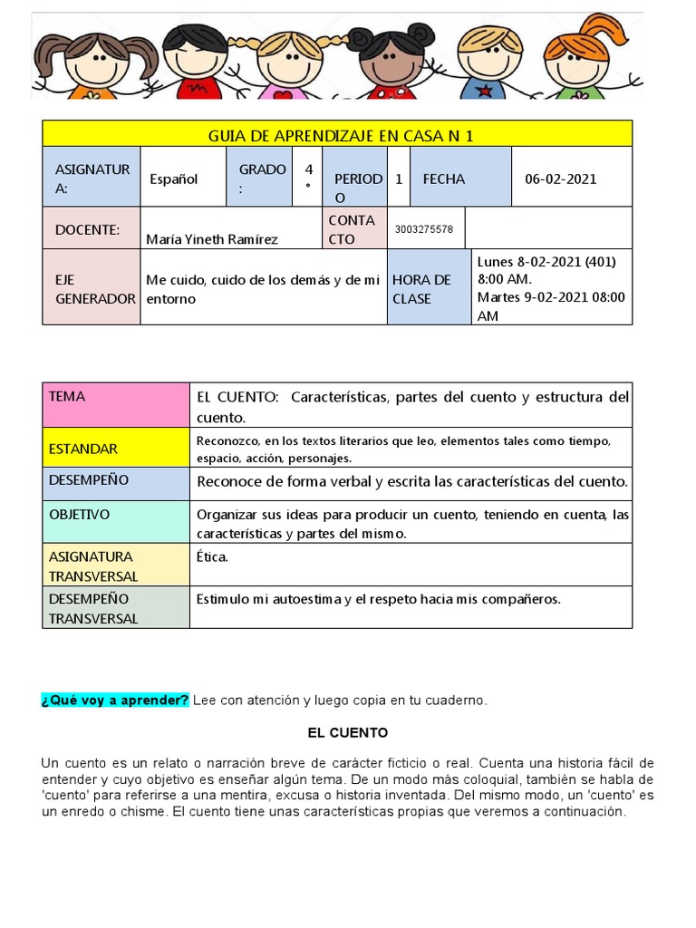 GUIA 01 EL CUENTO Y SU ELEMENTOS CASTELLANO GRADO 4o. Del 8 Al 19 de ...
