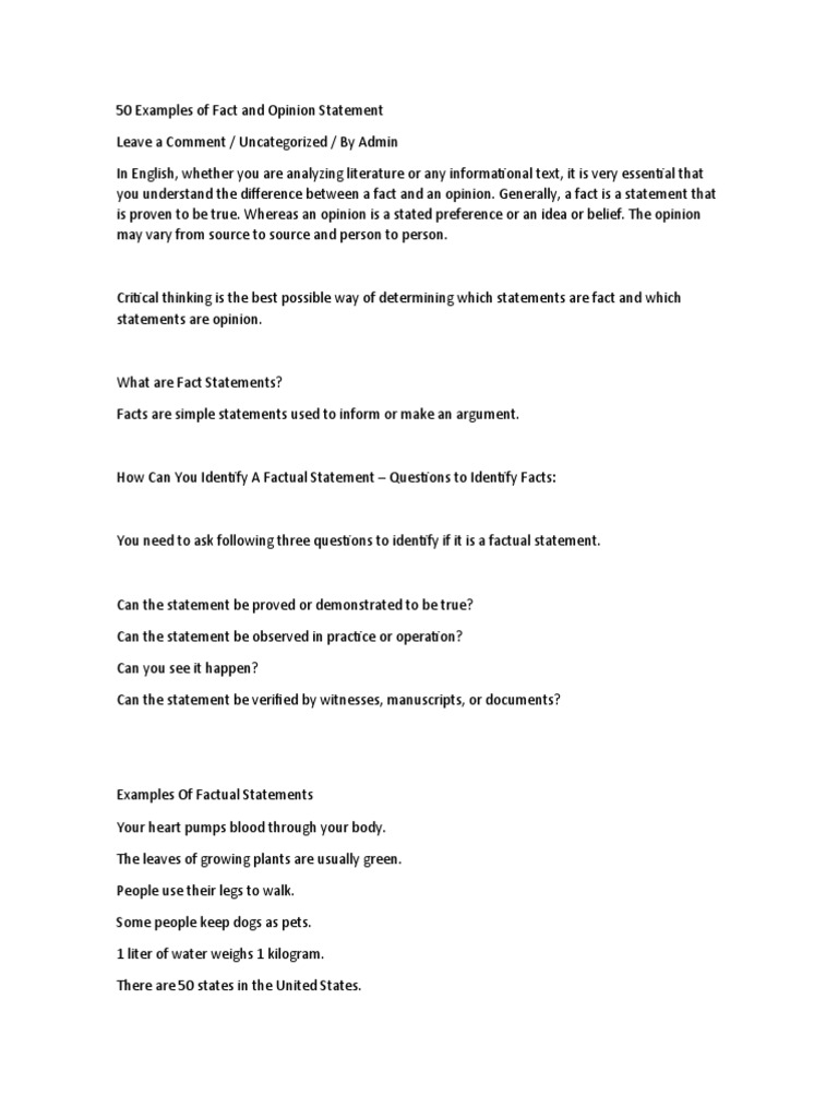 50 Examples of Fact and Opinion Statement | PDF