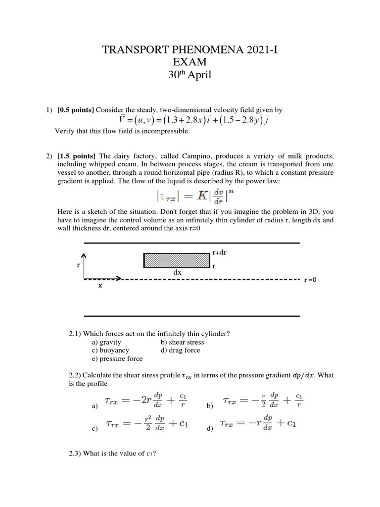 Transport Phenomena 2021-I Exam 30 April | PDF | Shear Stress | Diffusion